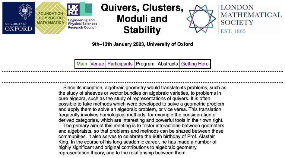 Quivers, Clusters, Moduli and Stability, University of Oxford, 9th–13th ...